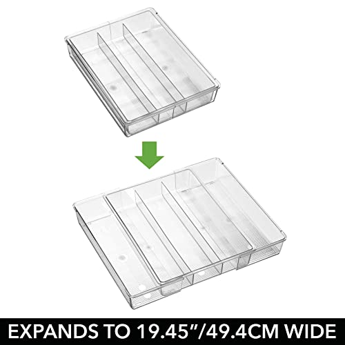 mDesign Adjustable, Expandable Plastic In-Drawer Utensil Organizer Tray Deep 3 Section Divided for Kitchen Organization; Holds Cutlery, Flatware, Silverware, Cooking Utensils, Ligne Collection, Clear