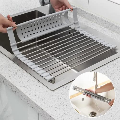 Roll Up Dish Drying Rack, Foldable Silicone-Coated Stainless Steel Dish Drainer for Kitchen, Over The Sink Dish Drying Rack, Gray Multipurpose for Kitchen, Black (RXCEWR)