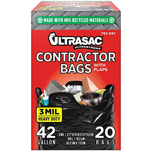 Ultrasac Contractor Bags 42 Gallon (20 Pack/w Flap Ties), 2.9' x 3.95' - 3 MIL Thick Large Black Heavy Duty Industrial Garbage Trashbags for Professional Construction and Commercial use