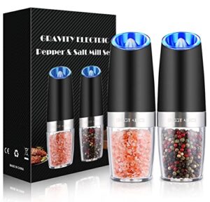 gravity electric pepper and salt grinder set, adjustable coarseness, battery powered with led light, one hand automatic operation, stainless steel black, 2 pack