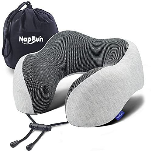 napfun Neck Pillow for Traveling, Upgraded Travel Neck Pillow for Airplane 100% Pure Memory Foam Travel Pillow for Flight Headrest Sleep, Portable Plane Accessories, Light Grey