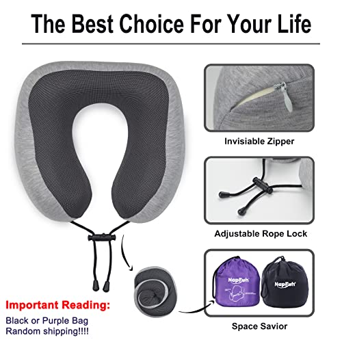 napfun Neck Pillow for Traveling, Upgraded Travel Neck Pillow for Airplane 100% Pure Memory Foam Travel Pillow for Flight Headrest Sleep, Portable Plane Accessories, Light Grey