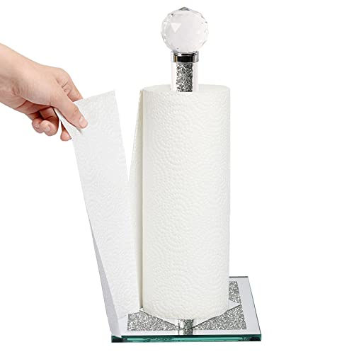 Crystal Paper Towel Holder, 13.3 x 6.3in Countertop Standing Paper Towel Roll Dispenser with Cube Base, Filled with Sparkly Crystal Crushed Diamonds for Home Decor Kitchen Bathroom-Silver