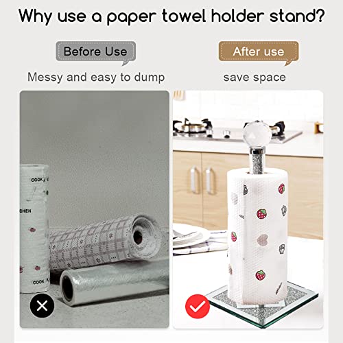 Crystal Paper Towel Holder, 13.3 x 6.3in Countertop Standing Paper Towel Roll Dispenser with Cube Base, Filled with Sparkly Crystal Crushed Diamonds for Home Decor Kitchen Bathroom-Silver