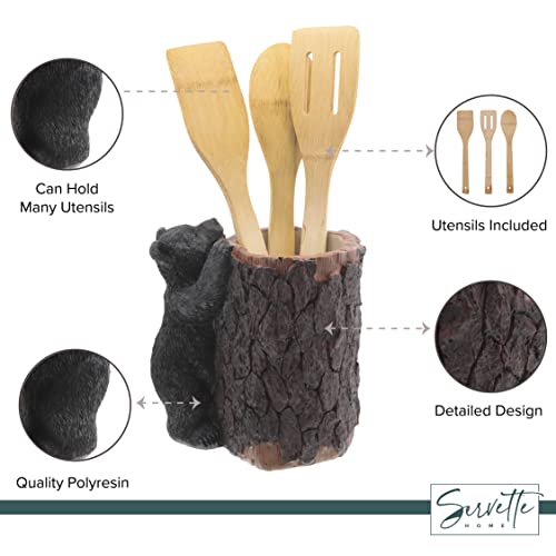 Brown Bear Utensil Holder Caddy with 3 Wood Utensils