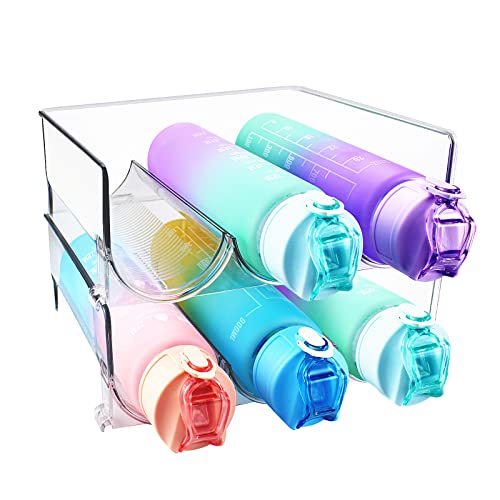 2pc Water Bottle Organizer, Stackable Kitchen Pantry Refrigerator Storage Bins for Cabinet, Fridge, Pantry Organization, Countertop Kitchen, Free-Standing Cup Organizer Hold 6 Bottles, Clear