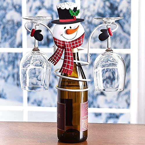 Christmas Wine Bottle & Glass Holders, 3PCS Snowman Santa Claus Gnome Organizer Rack with Christmas Theme, 1 Wine Bottle and 2 Glasses Holder for Home Kitchen Decor (Snowman-1pc)