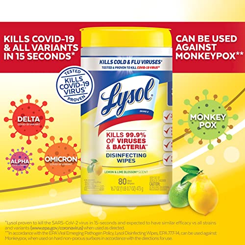 Lysol Disinfectant Wipes, Multi-Surface Antibacterial Cleaning Wipes, For Disinfecting and Cleaning, Lemon and Lime Blossom, 80 Count (Pack of 3)