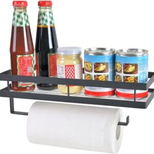 PINNIYOU Paper Towel Holder with Spice Rack and Multi-Purpose Shelf Wall Mount Storage Organizer for Kitchen, Pantry, Laundry, Bathroom, Toilet Garage - Durable Metal Wire Design - Black