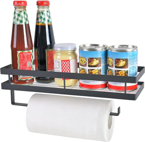 PINNIYOU Paper Towel Holder with Spice Rack and Multi-Purpose Shelf Wall Mount Storage Organizer for Kitchen, Pantry, Laundry, Bathroom, Toilet Garage - Durable Metal Wire Design - Black