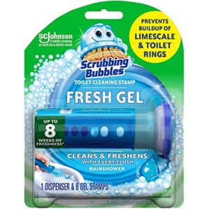 scrubbing bubbles toilet bowl cleaning gel starter kit, includes dispenser and gel, glade rainshower scent, 6 stamps