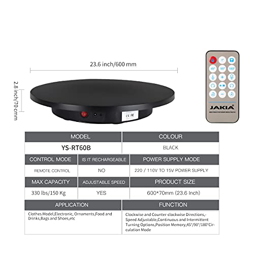 JAKIA Photography Turntable [Metal Cover] Heavy Loading 360 Degree Rotating Display Stand Remote Control 23.6 Inch/60 cm Diameter 330 lbs/150 Kg Loading Black Show Party Christmas Decoration