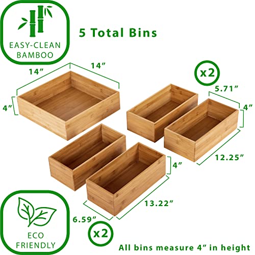 Seville Classics Bamboo Wood Storage Bins Organizer Boxes for Kitchen Counter, Pantry, Closet, Office Bedroom, Makeup, Bathroom, Nursery, K Cup, 5 Piece 3-Size (1 XL, 2L, 2M) Shelf Bin Set, Bamboo