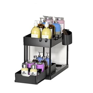 under kitchen sink organizers,2 layer black multi-purpose sink below tissue and bathroom kitchen storage,includes 4 hooks for 1 hanging cup, bottom with handle for slide out basket