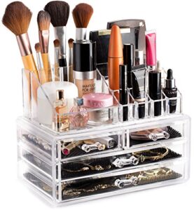 clear cosmetic storage organizer – easily organize your cosmetics, jewelry and hair accessories. looks elegant sitting on your vanity, bathroom counter or dresser. clear design for easy visibility.