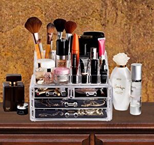 Clear Cosmetic Storage Organizer - Easily Organize Your Cosmetics, Jewelry and Hair Accessories. Looks Elegant Sitting on Your Vanity, Bathroom Counter or Dresser. Clear Design for Easy Visibility.