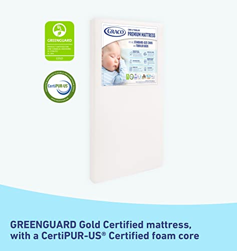 Graco Premium Foam Crib & Toddler Mattress – GREENGUARD Gold and CertiPUR-US Certified, 100% Machine Washable, Breathable, and Water-Resistant Cover, Meets All Applicable Category Safety Standards