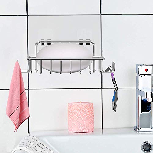 Nieifi Bar Soap Holder for Shower Wall with 4 Hooks, Stainless Steel Adhesive Soap Dish for Bathroom, Silver