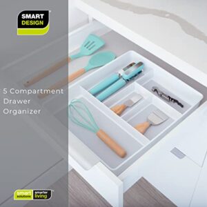 Smart Design 5-Compartment Plastic Drawer Organizer - Non-Slip Lining and Feet - BPA Free - Utensils, Flatware, Office, Personal Care, or Makeup Storage - White with Gray