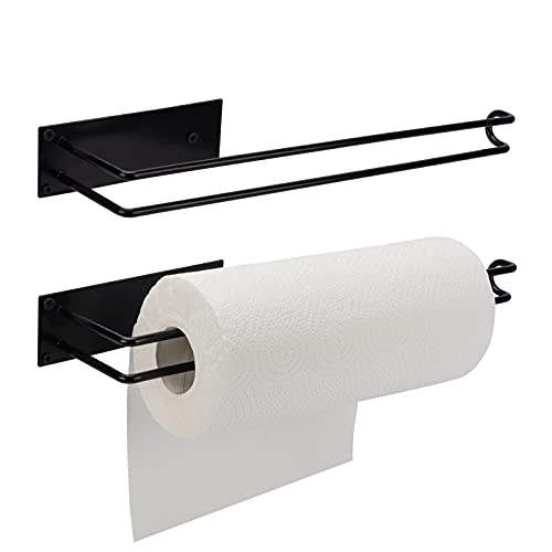 2 Pack Paper Towel Holder Under Cabinet, Black Wall Mount Metal Paper Towel Rack Fits Standard Size Paper Rolls for Kitchen, Bathroom, Garage