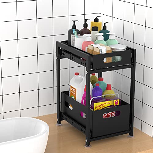 Itonosei Under The Sink Organizer, 2 Tier Organizer Baskets with Pull Out Drawers, Black Under Sink Organizers and Storage with Sliding Storage Drawer