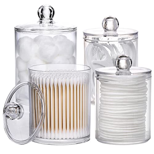 Tbestmax 4 Pack Qtip Holder - 10 oz, 12 oz Restroom Bathroom Organizers and Storage Containers, Clear Plastic Apothecary Jars with Lids for Cotton Ball, Cotton Swab, Cotton Round Pads, Floss