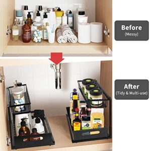 EONGOA Pull Out Cabinet Organizer, Under Sink Organizers and Storage, 2-Tier Slide Out Sliding Shelf with Shelf Liners for Kitchen Bathroom Cabinet, 10.6Wx14.1Dx11H-Inch - Black