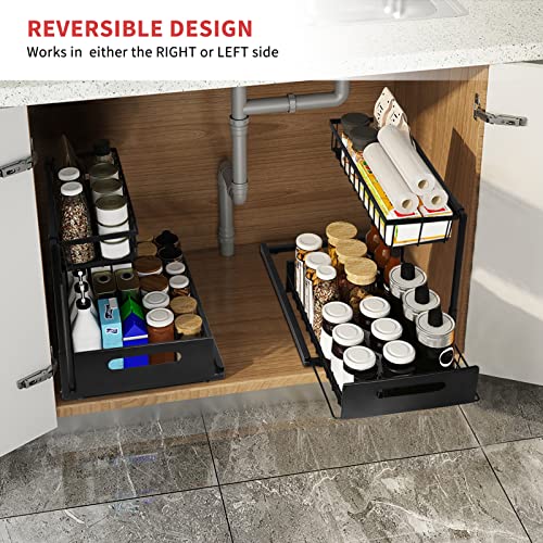 EONGOA Pull Out Cabinet Organizer, Under Sink Organizers and Storage, 2-Tier Slide Out Sliding Shelf with Shelf Liners for Kitchen Bathroom Cabinet, 10.6Wx14.1Dx11H-Inch - Black