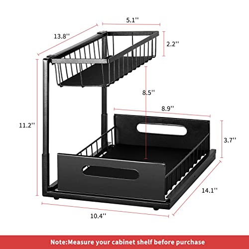 EONGOA Pull Out Cabinet Organizer, Under Sink Organizers and Storage, 2-Tier Slide Out Sliding Shelf with Shelf Liners for Kitchen Bathroom Cabinet, 10.6Wx14.1Dx11H-Inch - Black