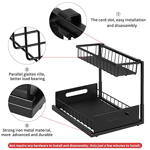 EONGOA Pull Out Cabinet Organizer, Under Sink Organizers and Storage, 2-Tier Slide Out Sliding Shelf with Shelf Liners for Kitchen Bathroom Cabinet, 10.6Wx14.1Dx11H-Inch - Black