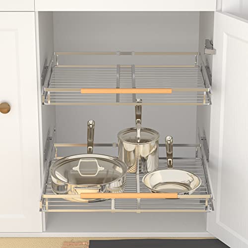 Redrubbit Expandable Pull Out Drawers Cabinet Shelf Organizer, Heavy Steel Metal Wire Slide Out Kitchen Pantry Organizer Storage Shelf, Adjustable Width 16.3~26.3"x17.3" D