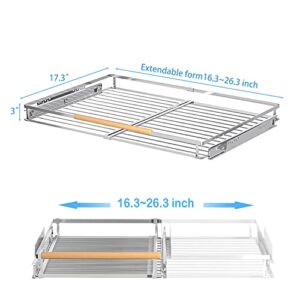 Redrubbit Expandable Pull Out Drawers Cabinet Shelf Organizer, Heavy Steel Metal Wire Slide Out Kitchen Pantry Organizer Storage Shelf, Adjustable Width 16.3~26.3"x17.3" D