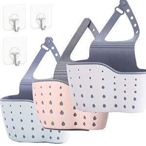 sponge holder for sink, qtopun 3 pack sink caddy organizer with 3 hooks kitchen dishcloth holder with adjustable strap bathroom soap hanging strainer tootthbrush bag