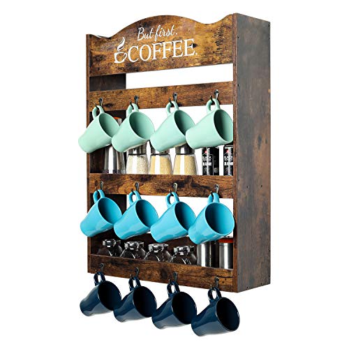 PAG Wall Mounted Coffee Mug Rack Tea Cup Organizer Display Shelf with Coffee Sign, 3 Tier & 12 Hooks, Antique Brown