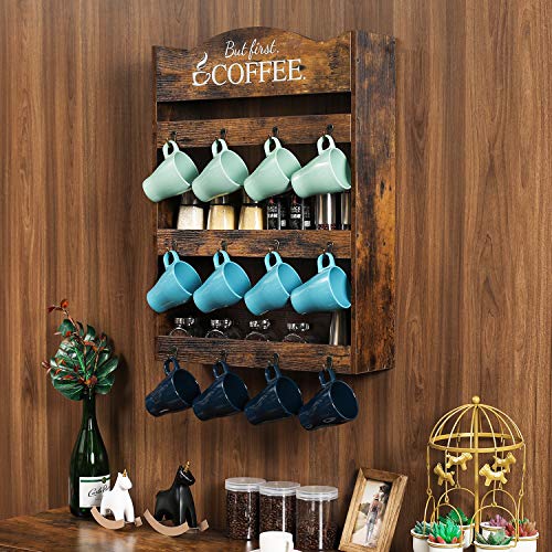 PAG Wall Mounted Coffee Mug Rack Tea Cup Organizer Display Shelf with Coffee Sign, 3 Tier & 12 Hooks, Antique Brown