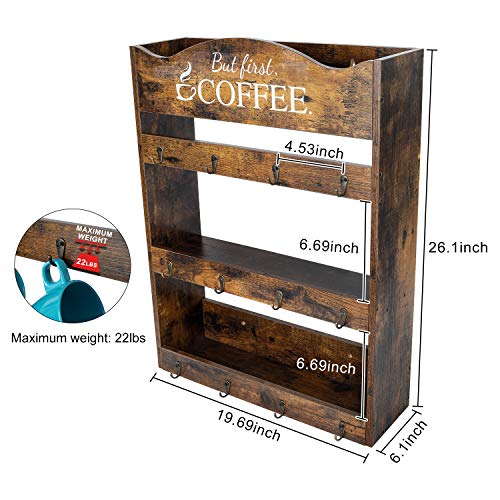 PAG Wall Mounted Coffee Mug Rack Tea Cup Organizer Display Shelf with Coffee Sign, 3 Tier & 12 Hooks, Antique Brown