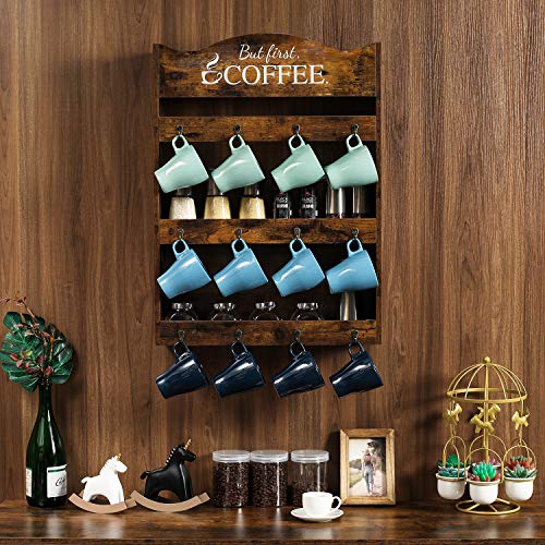 PAG Wall Mounted Coffee Mug Rack Tea Cup Organizer Display Shelf with Coffee Sign, 3 Tier & 12 Hooks, Antique Brown