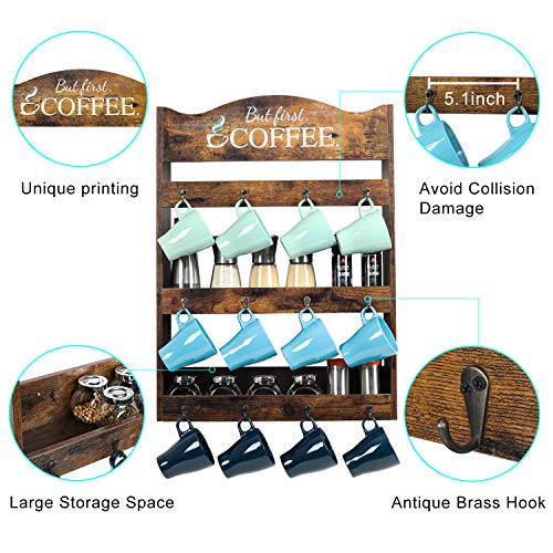 PAG Wall Mounted Coffee Mug Rack Tea Cup Organizer Display Shelf with Coffee Sign, 3 Tier & 12 Hooks, Antique Brown