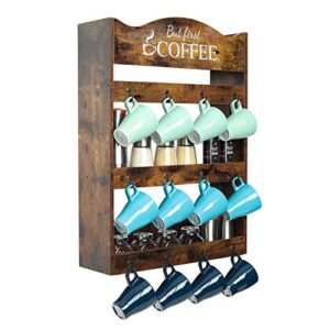 PAG Wall Mounted Coffee Mug Rack Tea Cup Organizer Display Shelf with Coffee Sign, 3 Tier & 12 Hooks, Antique Brown