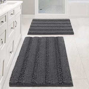 2 piece bathroom set bathroom rugs bath mat set bath rugs bath mats for bathroom non slip thick soft chenille striped bath rug set, door mats for kitchen/living room (grey, 20″ x 32″/17″ x 24″)