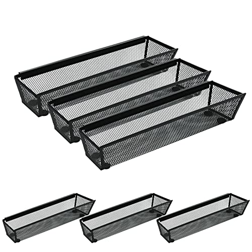 Chris.W 6Pcs Kitchen Utensil Drawer Organizers Tray Mesh Silverware Cutlery Tray with Interlocking Arm, Free Combination for Flatware Spoons Forks Knifes Storage (Black - 11.81x3.15x2in)