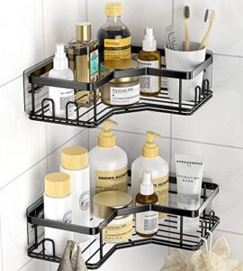 maxiffe corner shower caddy, shower organizer corner shower shelf with 8 hooks,2-pack adhesive stainless steel shower shelves for bathroom storage (matte black)