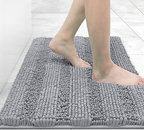 Grandaily Chenille Striped Bathroom Rug Mat, Extra Thick and Absorbent Bath Rugs, Non-Slip Soft Plush Shaggy Bath Carpet, Machine Wash Dry, Bath Mats for Bathroom, 16x24, Grey