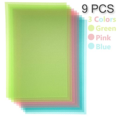 Refrigerator Mats, Washable Fridge Mats 9 Pack Fridge Liners and Mats Can Be Cut Refrigerator Liners Drawer Table Placemats (3 Green, 3 Pink, 3 Blue)