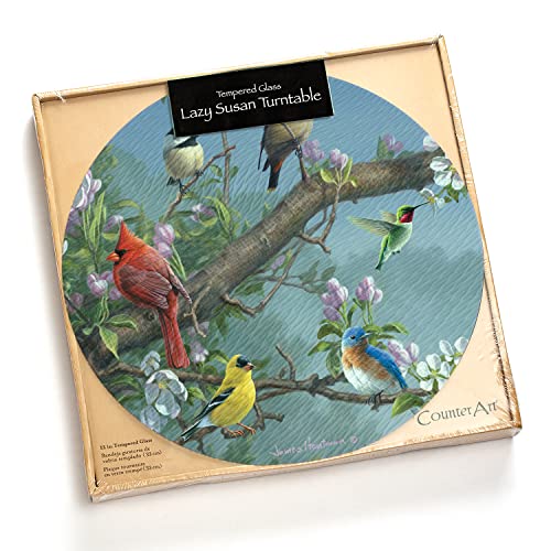 CounterArt Beautiful Songbirds 4mm Heat Tolerant Tempered Glass Lazy Susan Turntable 13" Diameter Cake Plate Condiment Caddy Pizza Server