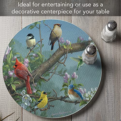 CounterArt Beautiful Songbirds 4mm Heat Tolerant Tempered Glass Lazy Susan Turntable 13" Diameter Cake Plate Condiment Caddy Pizza Server