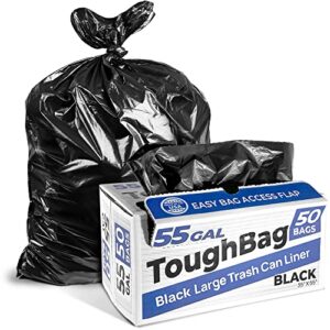 toughbag 55 gallon trash bags, 35 x 55” large industrial black trash bags (50 count) – 55-gallon outdoor garbage bags for commercial, janitorial, lawn, leaf, and contractors – made in usa