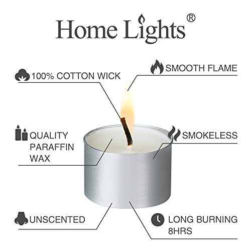 HomeLights Tealight Candles - 8 Hour Long time Burning, Giant 100,200,300 Packs -White Smokeless European Tea Light Unscented Candles for Shabbat, Weddings, Christmas,Home Decorative -100 Pack