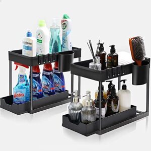 pursqual 2 pack under sink organizers and storage with pull out drawer, 2 tier bathroom organizer, under kitchen cabinet organizer, multi-purpose storage shelf for kitchen, bathroom, countertop，black