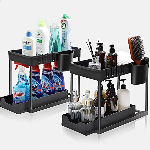 PURSQUAL 2 Pack Under Sink Organizers and Storage with Pull Out Drawer, 2 Tier Bathroom Organizer, Under Kitchen Cabinet Organizer, Multi-purpose Storage Shelf for Kitchen, Bathroom, Countertop，Black